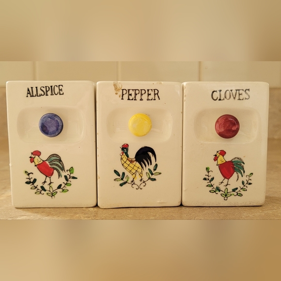 Source Unknown | Kitchen | Vintage Set Of Rooster Themed Ceramic Spice ...